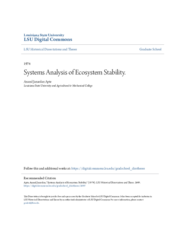 (PDF) Systems Analysis of Ecosystem Stability