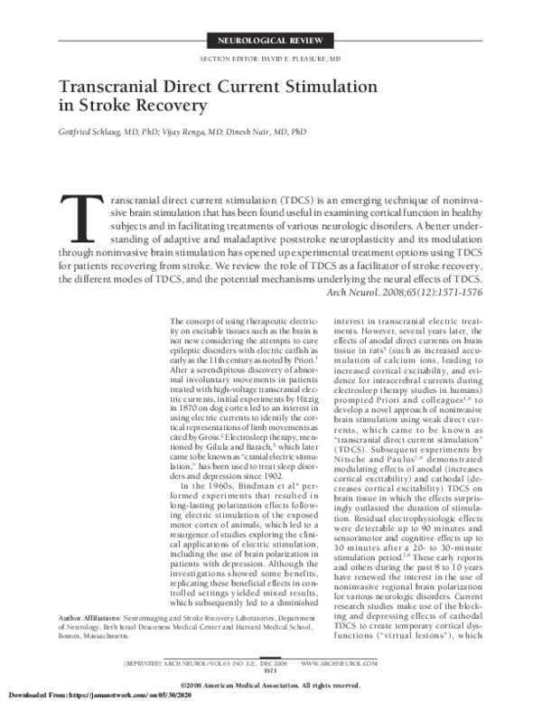 (PDF) Transcranial Direct Current Stimulation in Stroke Recovery