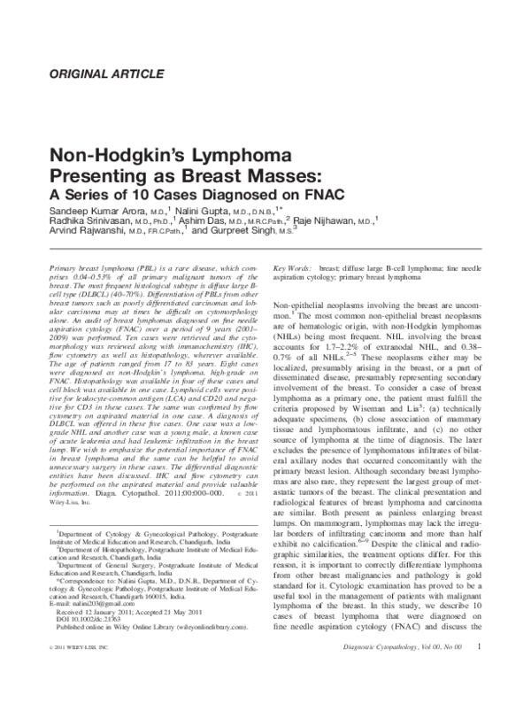 (PDF) Non-Hodgkin's lymphoma presenting as breast masses: A series of ...
