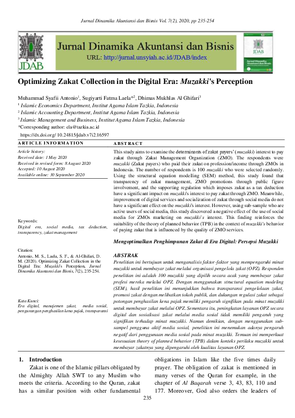 (PDF) Optimizing Zakat Collection in the Digital Era: Muzakki's perception