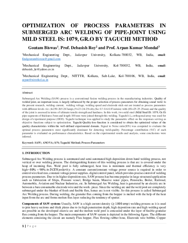 (PDF) OPTIMIZATION OF PROCESS PARAMETERS IN SUBMERGED ARC WELDING OF PIPE-JOINT USING MILD STEEL ...