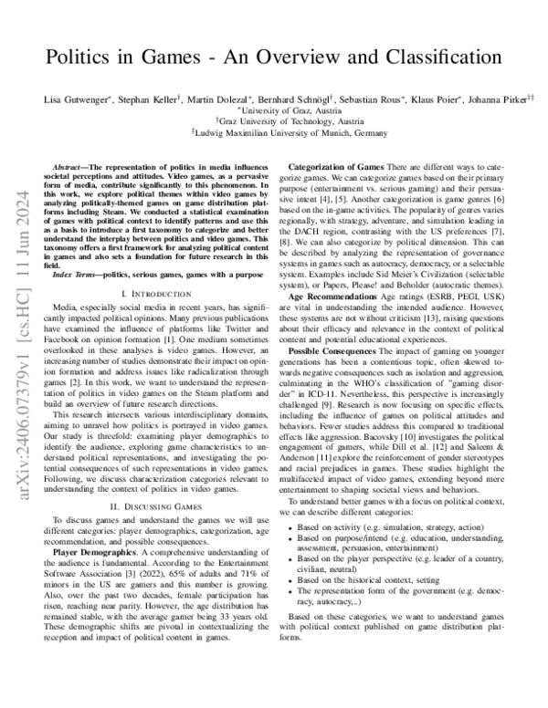 (PDF) Politics in Games -- An Overview and Classification