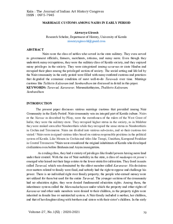 (PDF) MARRIAGE CUSTOMS AMONG NAIRS IN EARLY PERIOD