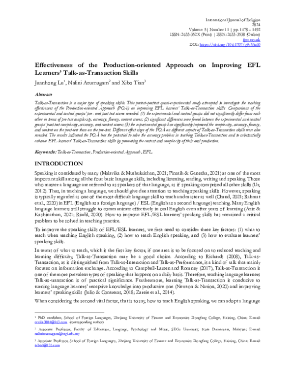 (PDF) Effectiveness of the Production-oriented Approach on Improving EFL Learners' Talk-as ...