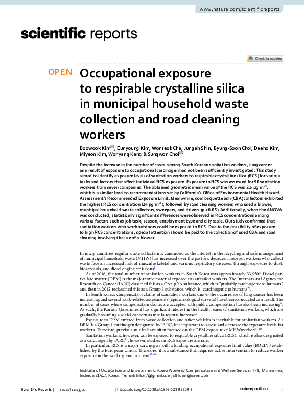 (PDF) Occupational exposure to respirable crystalline silica in ...