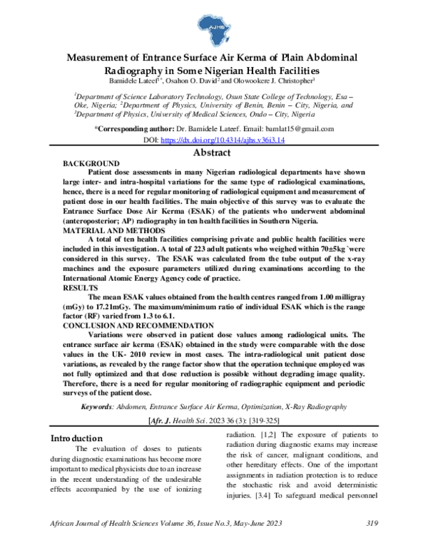 (PDF) Measurement of Entrance Surface Air Kerma of plain abdominal ...