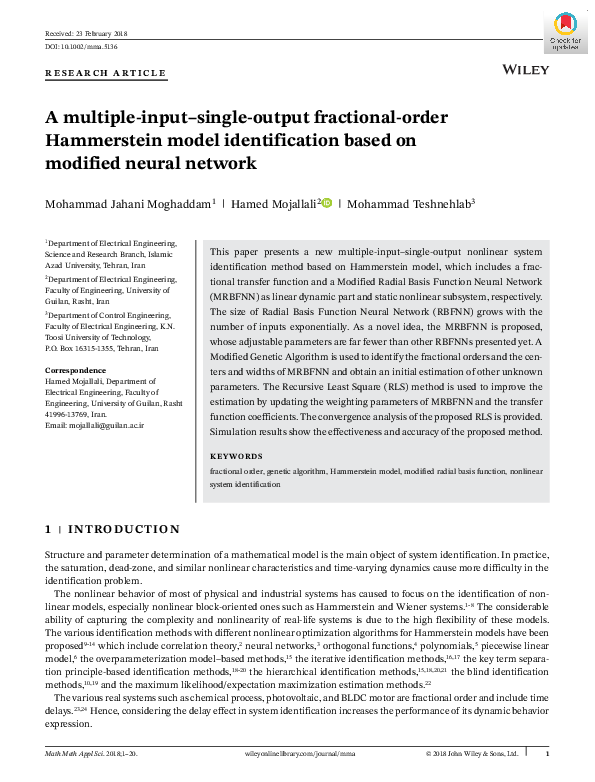 Pdf A Multiple Input Single Output Fractional Order Hammerstein Model Identification Based On