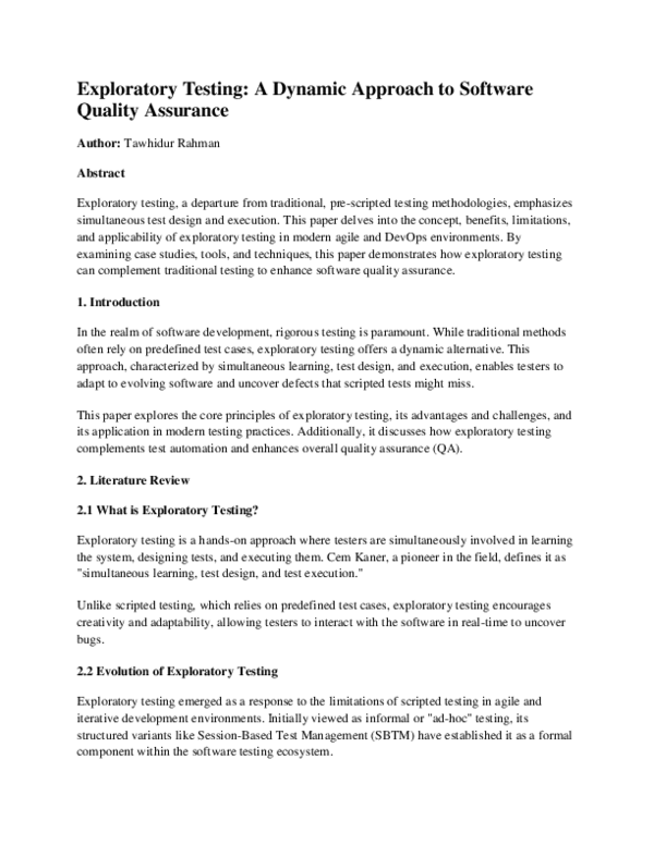 (PDF) Exploratory Testing: A Dynamic Approach to Software Quality Assurance