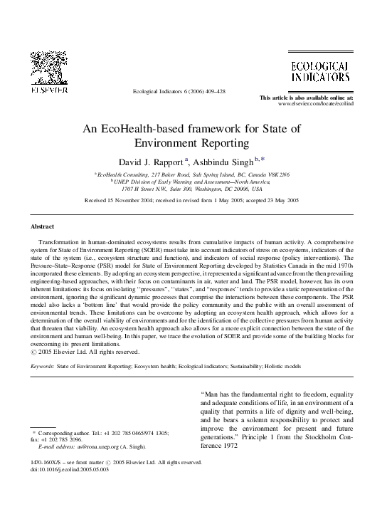 (PDF) An EcoHealth-based framework for State of Environment Reporting