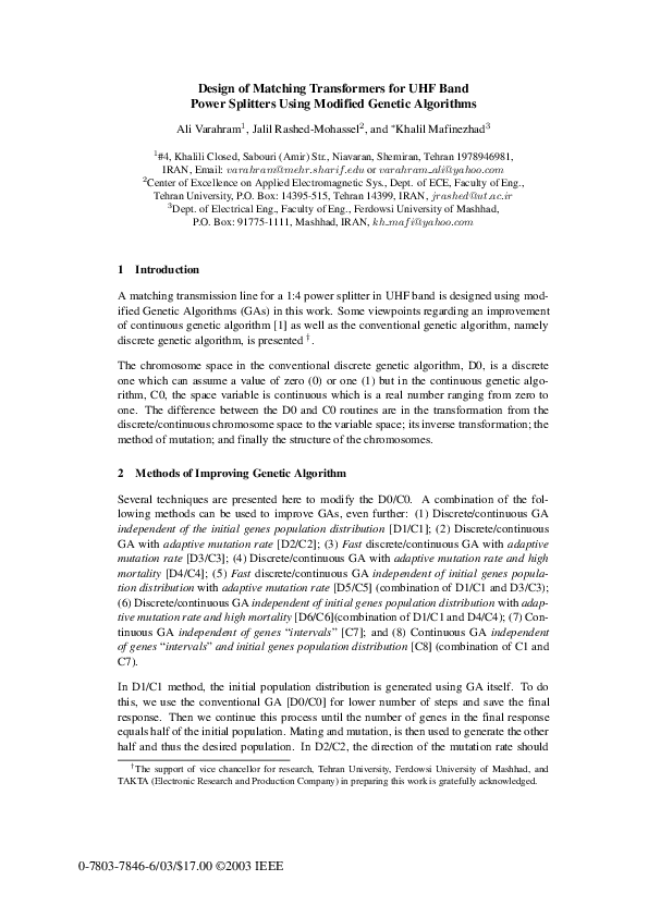 (PDF) Design of matching transformers for UHF band power splitters using modified genetic algorithms