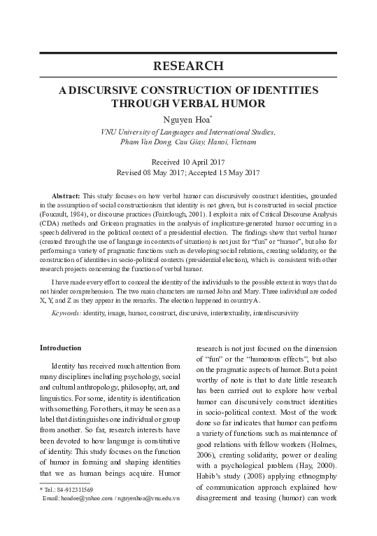 (PDF) A Discursive Construction of Identities Through Verbal Humor