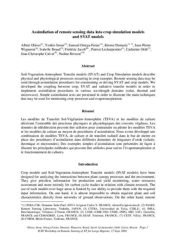 (PDF) Assimilation of remote sensing data into crop simulation models and SVAT models