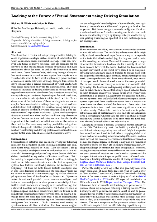 (PDF) Looking to the future of visual assessment using driving simulation