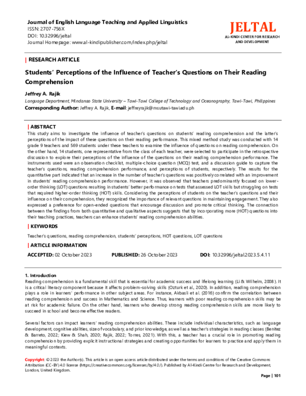 (PDF) Students’ Perceptions of the Influence of Teacher’s Questions on ...