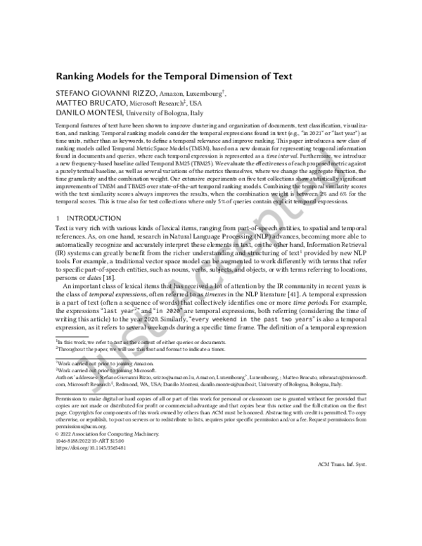 (PDF) Ranking Models for the Temporal Dimension of Text