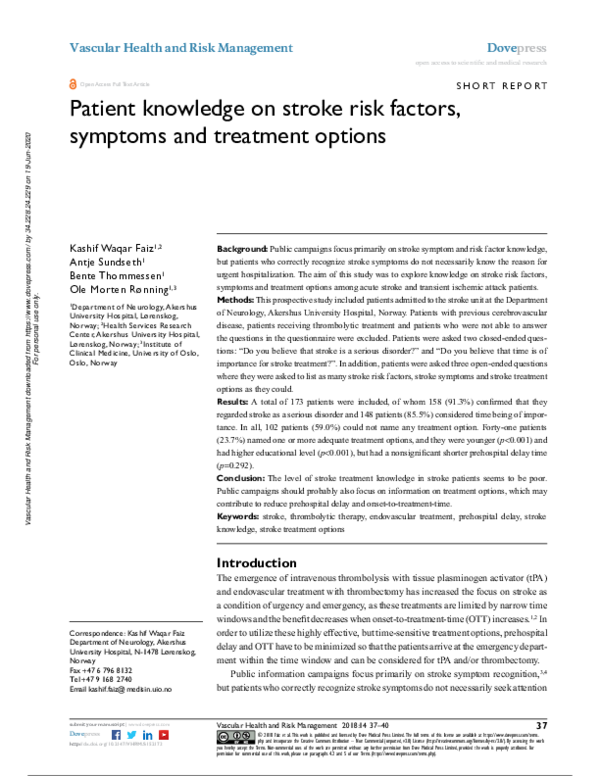 (PDF) Patient knowledge on stroke risk factors, symptoms and treatment ...