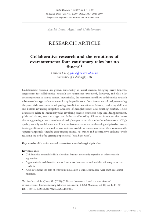 (PDF) Collaborative research and the emotions of overstatement: four cautionary tales but no funeral