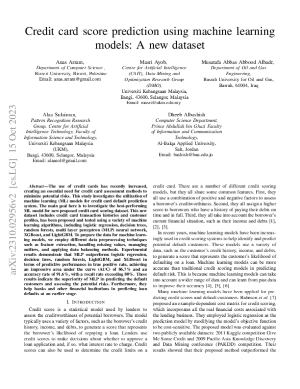 (PDF) Credit card score prediction using machine learning models: A new dataset