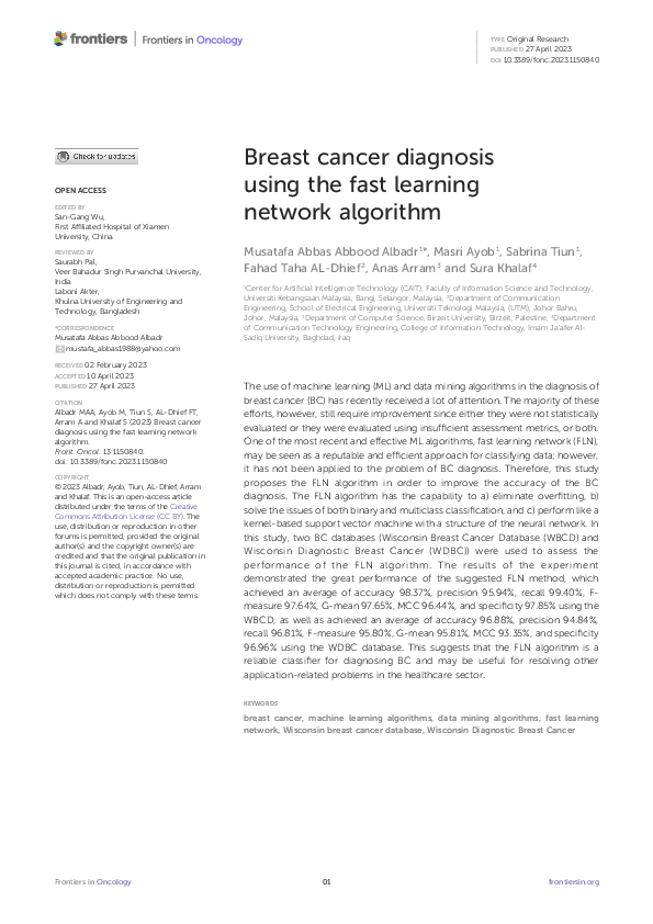 (PDF) Breast cancer diagnosis using the fast learning network algorithm