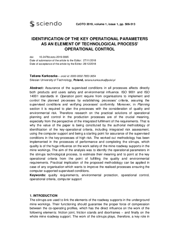 (PDF) Identification of the Key Operational Parameters as an Element of ...