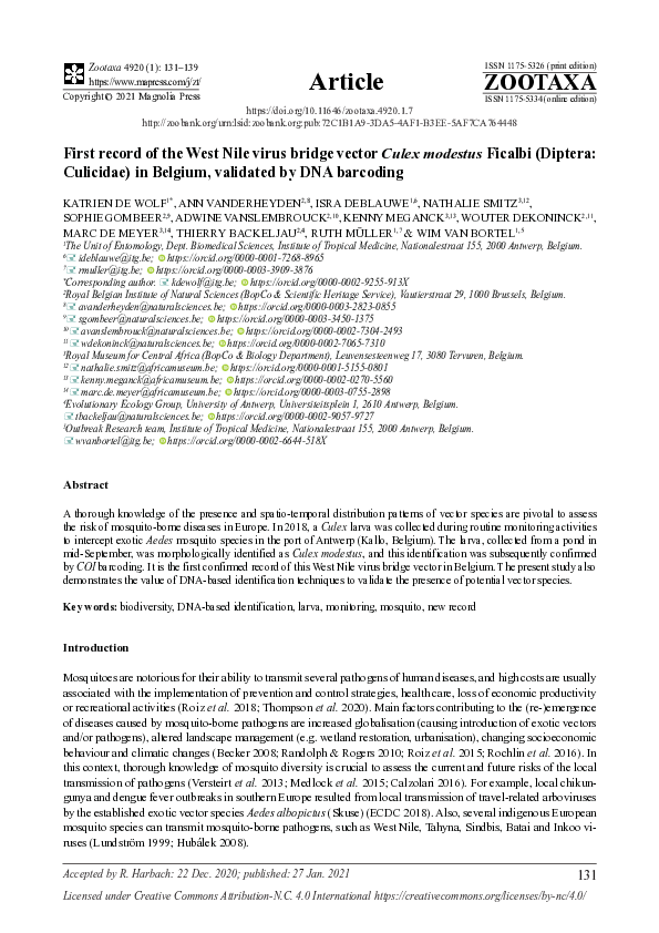 (PDF) First record of the West Nile virus bridge vector Culex modestus ...