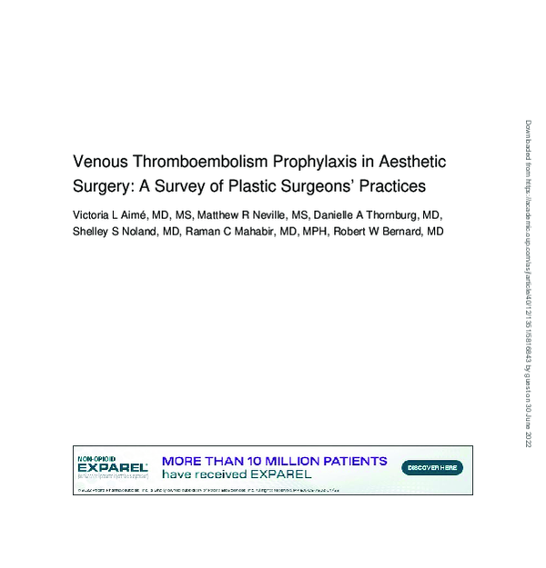 (PDF) Venous Thromboembolism Prophylaxis in Aesthetic Surgery: A Survey of Plastic Surgeons ...