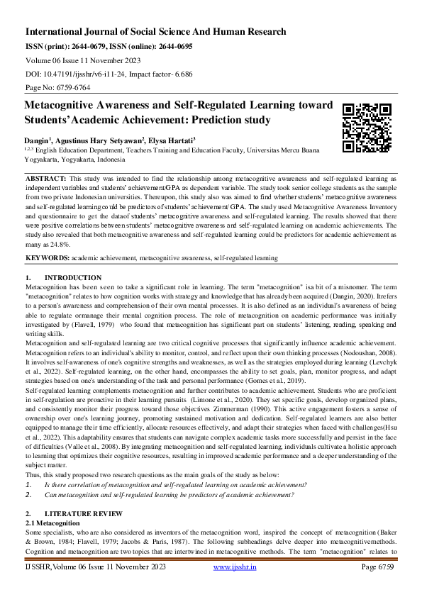 (PDF) Metacognitive Awareness and Self-Regulated Learning toward Students’ Academic Achievement ...