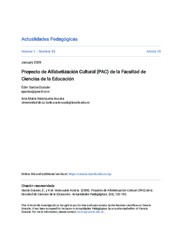 (PDF) Proyecto de Alfabetización Cultural (PAC) de la Facultad de Ciencias de la Educación