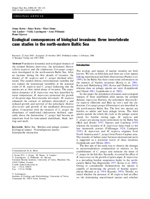 (PDF) Ecological consequences of biological invasions: three ...