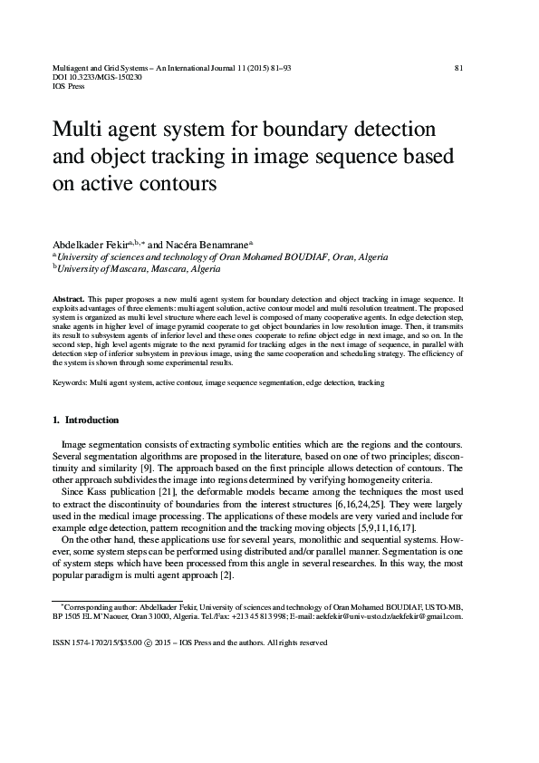 Pdf Multi Agent System For Boundary Detection And Object Tracking In Image Sequence Based On