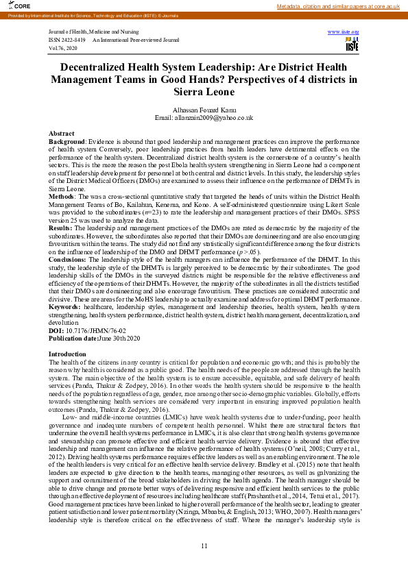 (PDF) Decentralized Health System Leadership: Are District Health ...