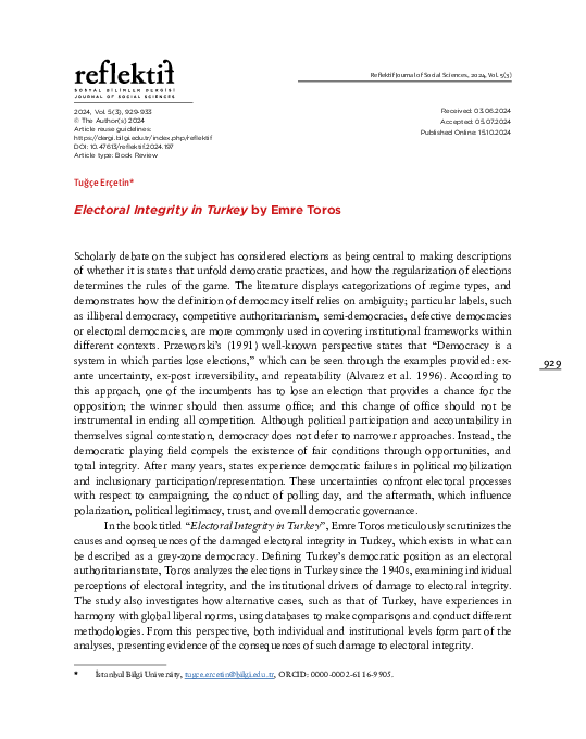 (PDF) Electoral Integrity and Democracy in Turkey