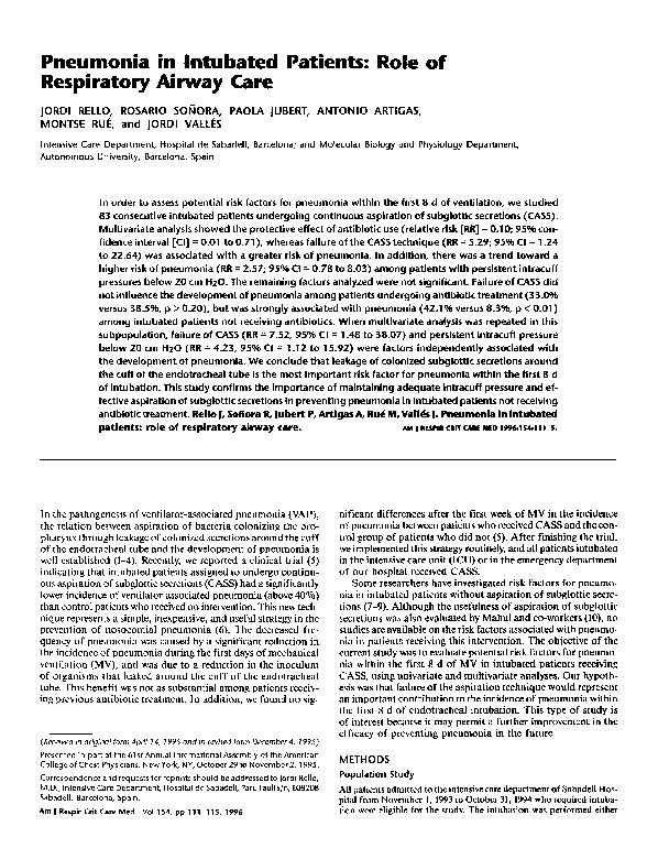 (PDF) Pneumonia in intubated patients: role of respiratory airway care