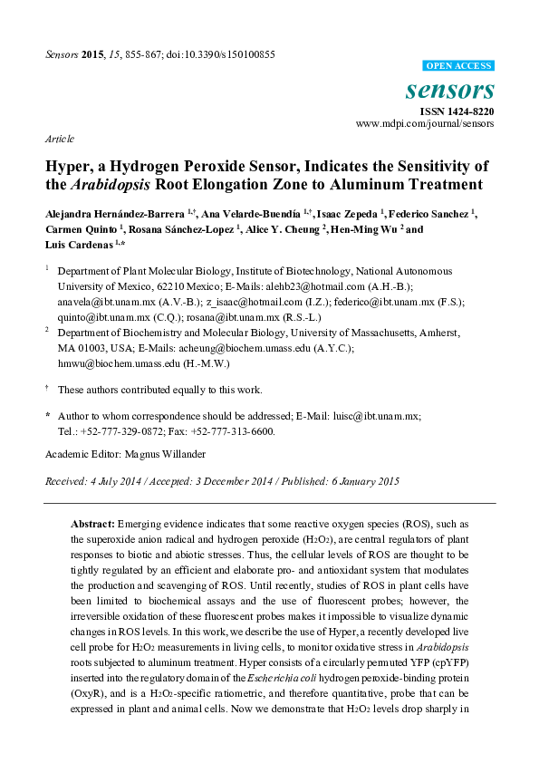 (PDF) Hyper, a Hydrogen Peroxide Sensor, Indicates the Sensitivity of ...