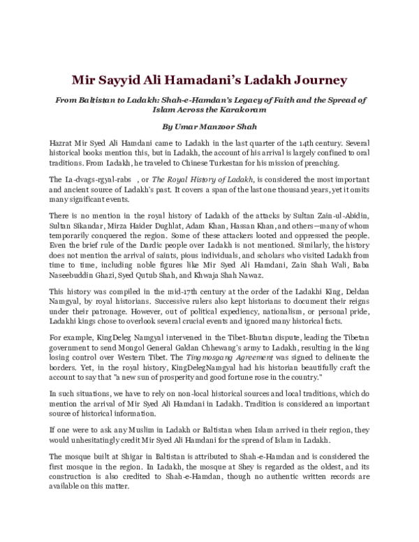 (PDF) Mir Sayyid Ali Hamadani's Ladakh Journey
