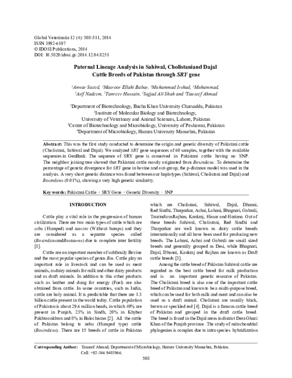 (PDF) Paternal Lineage Analysis in Sahiwal, Cholistaniand Dajal Cattle ...