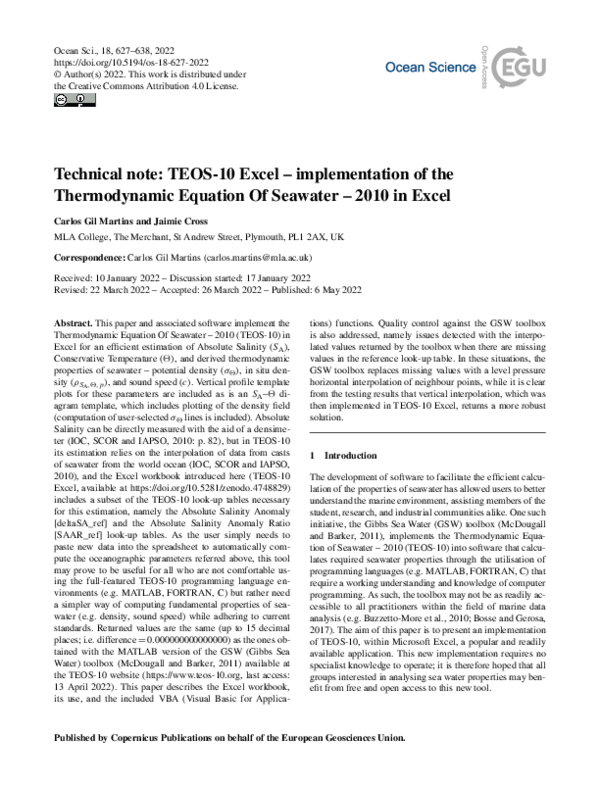 (PDF) Technical note: TEOS-10 EXCEL – Implementation of the Thermodynamic Equation Of Seawater ...