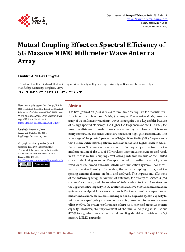 (PDF) Mutual Coupling Effect on Spectral Efficiency of 5G Massive MIMO Millimeter Wave Antenna Array