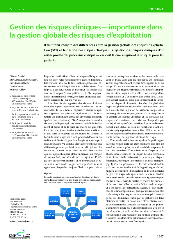 (PDF) Gestion des risques cliniques – importance dans la gestion globale des risques d'exploitation
