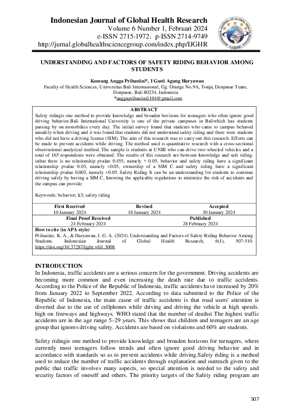 (PDF) Understanding and Factors of Safety Riding Behavior Among Students