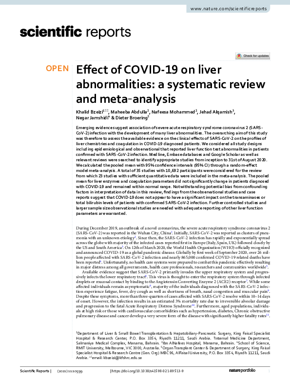 (PDF) Effect of COVID-19 on liver abnormalities: a systematic review and meta‐analysis