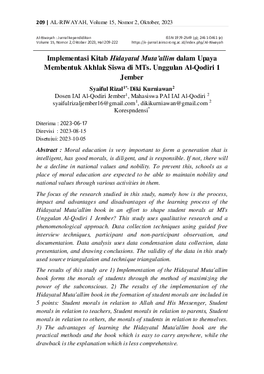 (PDF) Implementasi Kitab Hidayatul Muta’allim dalam Upaya Membentuk Akhlak Siswa di MTs ...