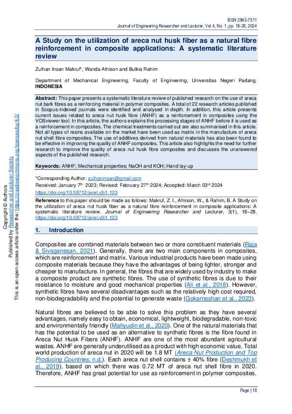 (PDF) A Study on the utilization of areca nut husk fiber as a natural fibre reinforcement in ...