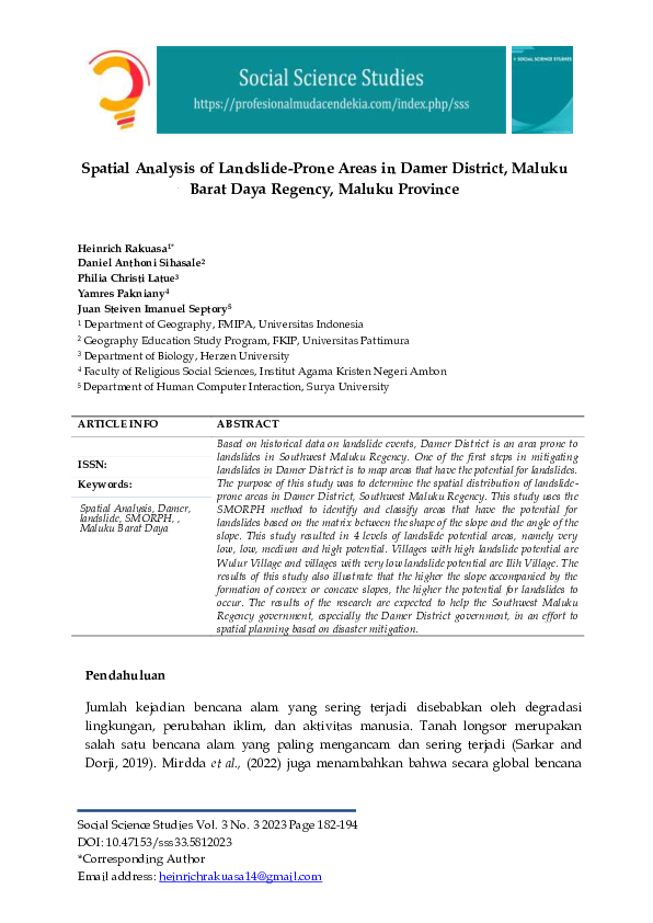 (PDF) Spatial Analysis of Landslide-Prone Areas in Damer District, Maluku Barat Daya Regency ...