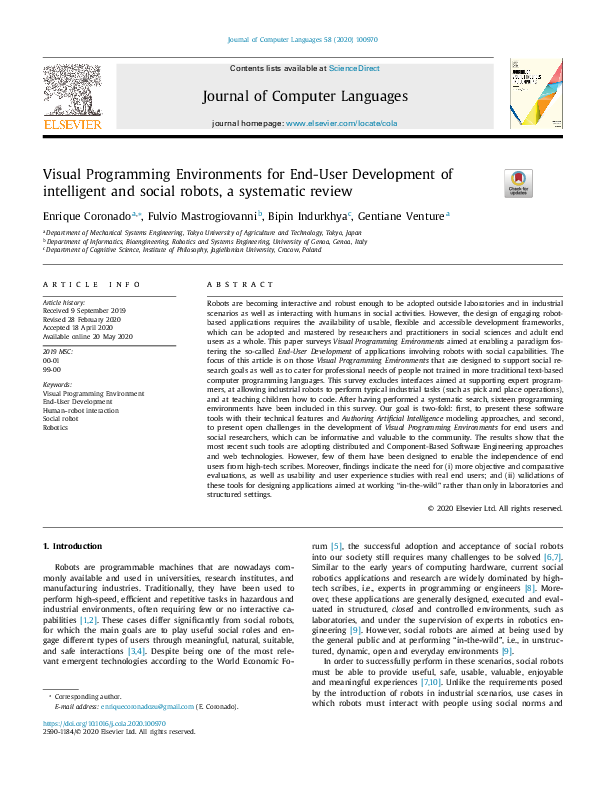 Pdf Visual Programming Environments For End User Development Of Intelligent And Social Robots