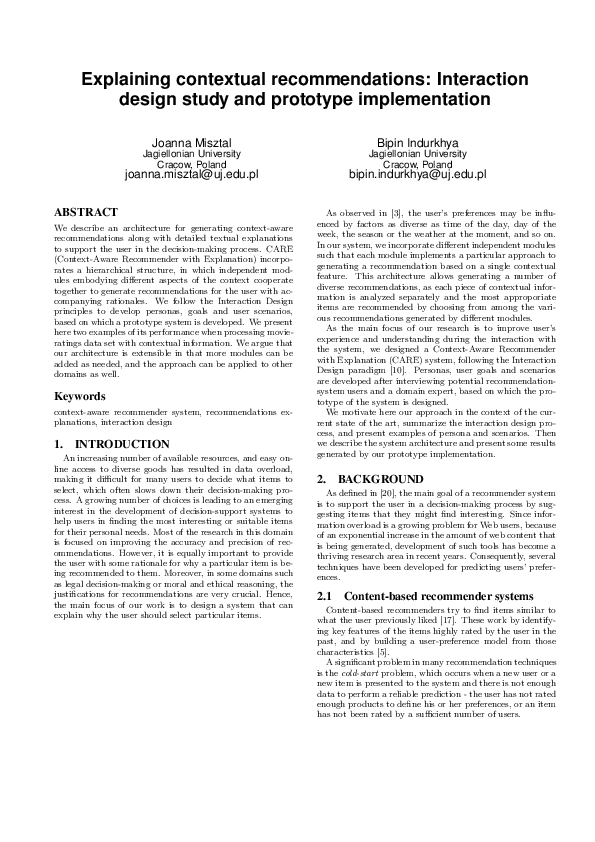 (PDF) Explaining Contextual Recommendations: Interaction Design Study and Prototype Implementation