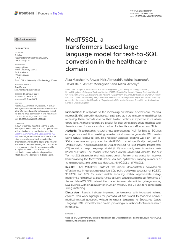 Pdf Medt5sql A Transformers Based Large Language Model For Text To Sql Conversion In The