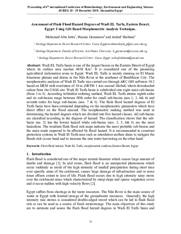 (PDF) Assessment of Flash Flood Hazard Degrees of Wadi EL Tarfa, Eastern Desert, Egypt: Using ...