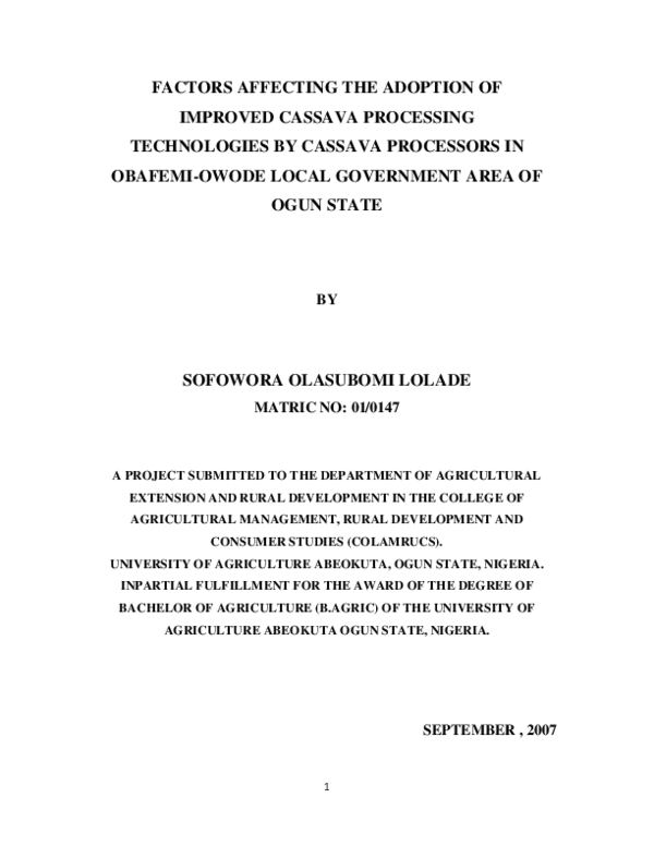 (PDF) FACTORS AFFECTING THE ADOPTION OF IMPROVED CASSAVA PROCESSING TECHNOLOGIES BY CASSAVA ...