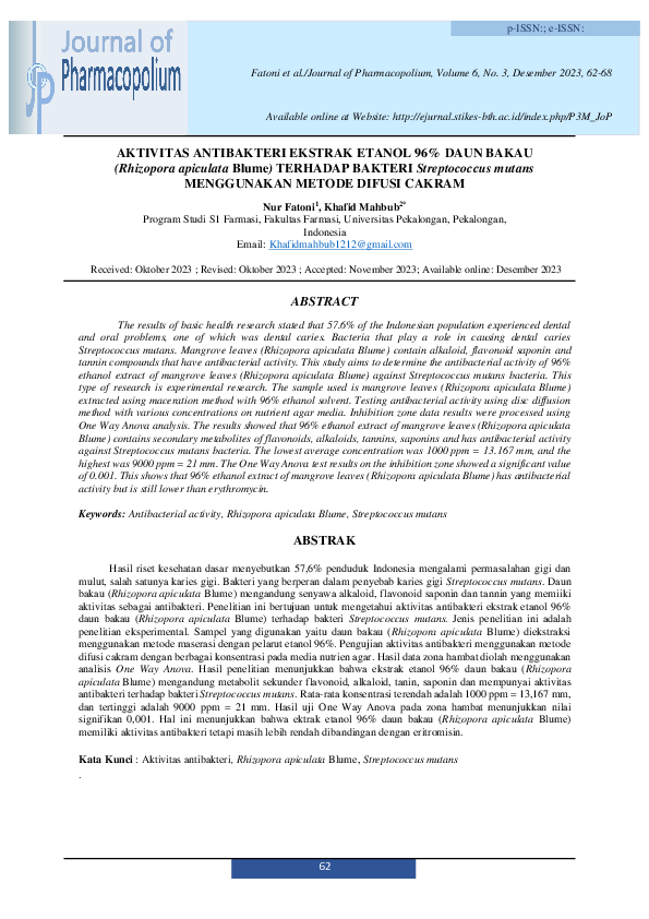(PDF) AKTIVITAS ANTIBAKTERI EKSTRAK ETANOL 96% DAUN BAKAU (Rhizopora ...